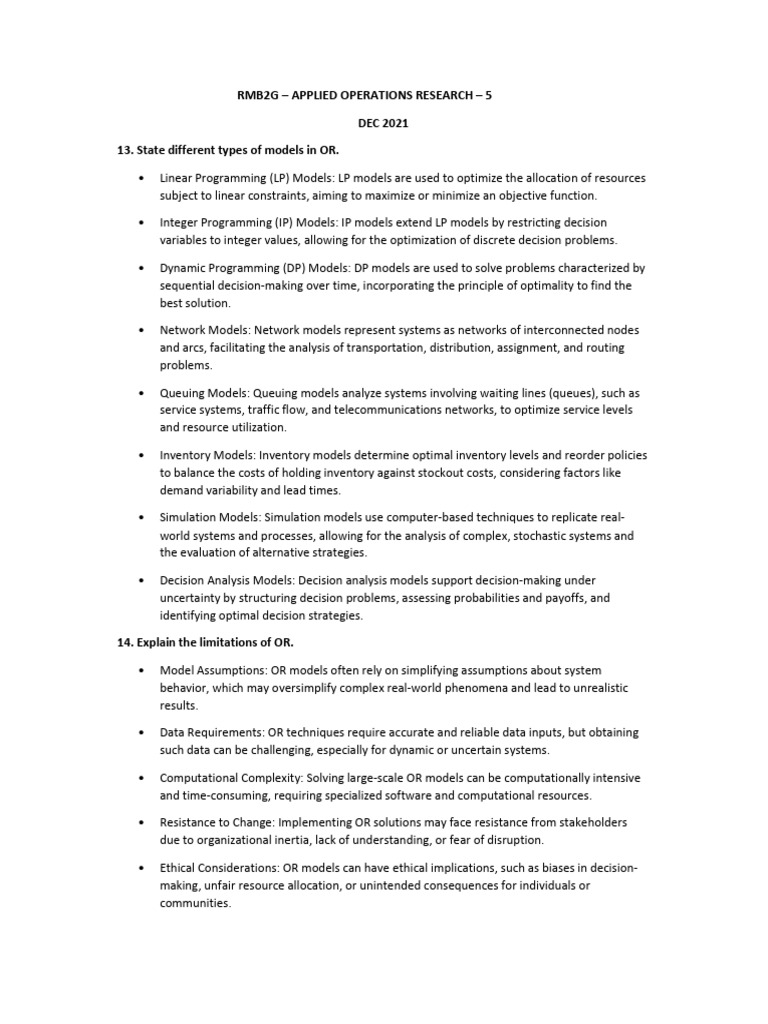 RMB2G - APPLIED OPERATIONS RESEARCH - 5 marks dec 2021, may 2022 & dec 2022 | PDF | Mathematical ...