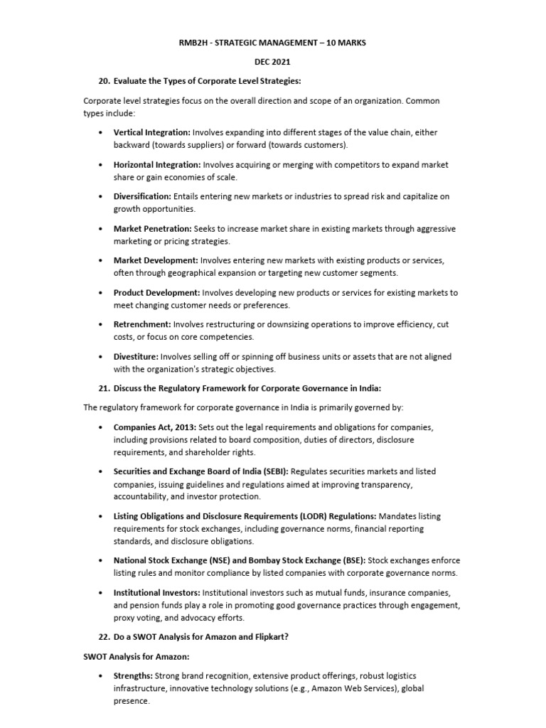 RMB2H - STRATEGIC MANAGEMENT - 10 marks | PDF | Strategic Management | Corporate Social ...