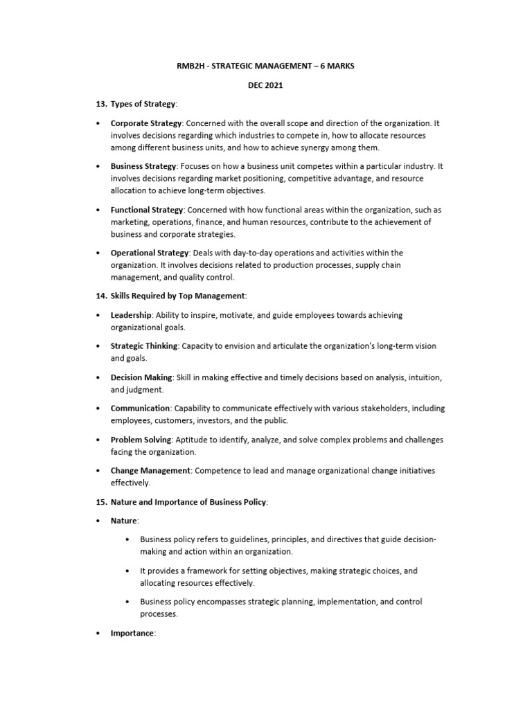 RMB2H - STRATEGIC MANAGEMENT - 6 marks | PDF | Strategic Management | Corporate Social ...