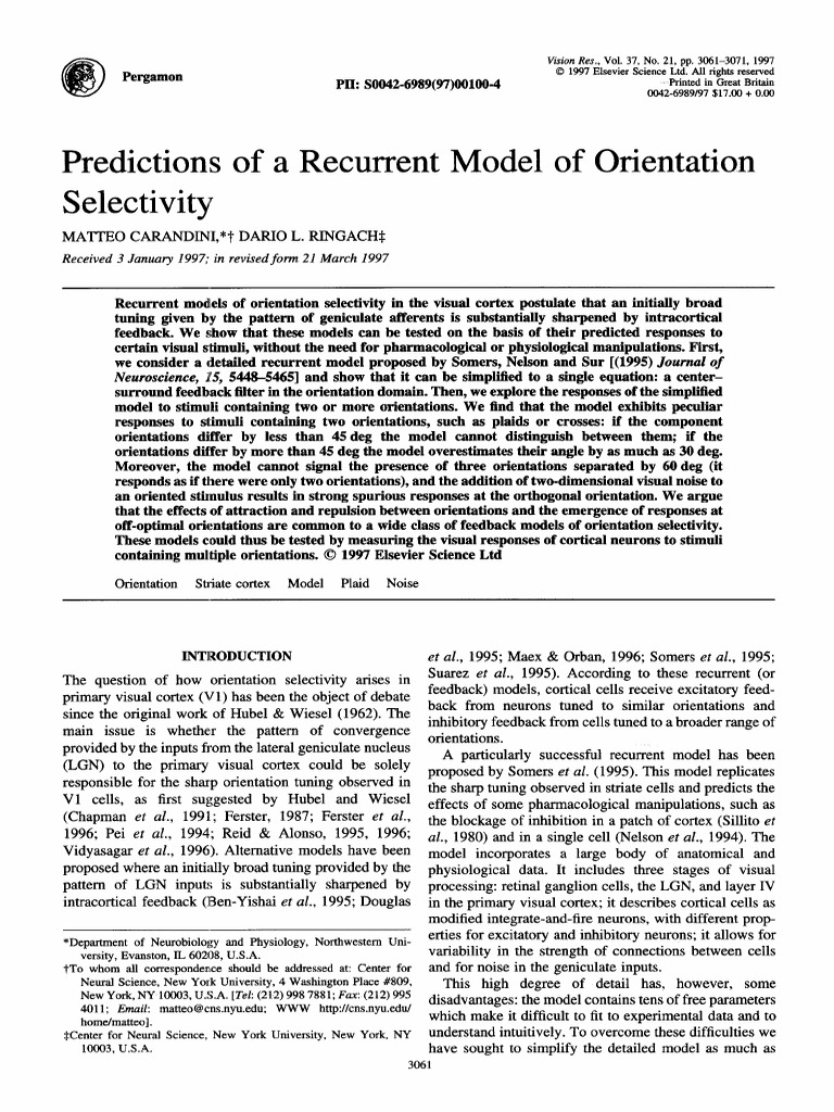 Recurrent Model of Orientation Selectivity | PDF | Action Potential ...