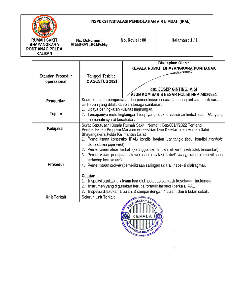 Spo Inspeksi Ipal | PDF | Teknologi & Rekayasa