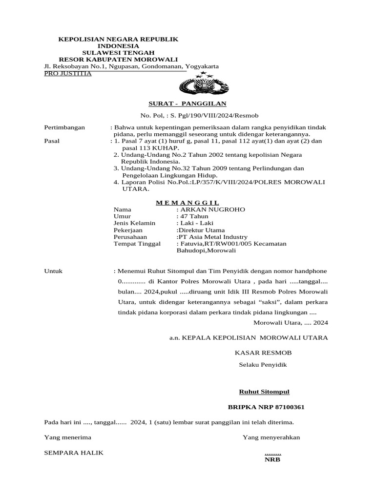 SURAT PANGGILAN PT Amel | PDF