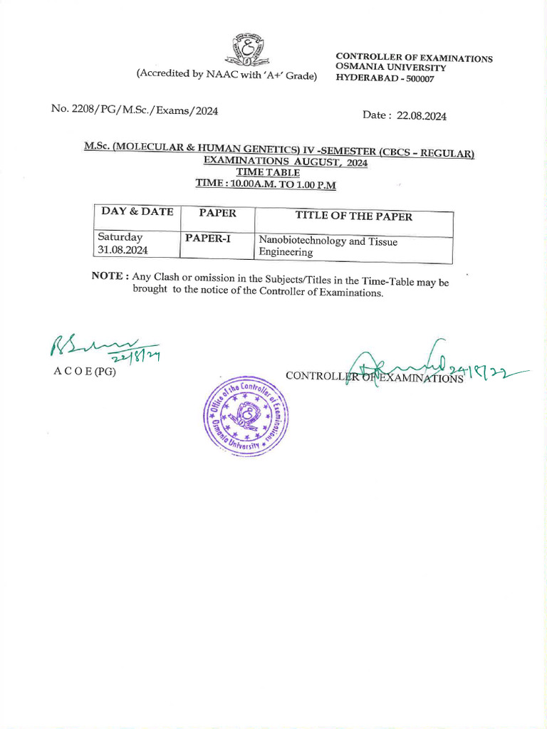 Osmania University (Molecular & Human Genetics) 4th Sem CBCS Regular Aug 2024 Exam Time Table | PDF