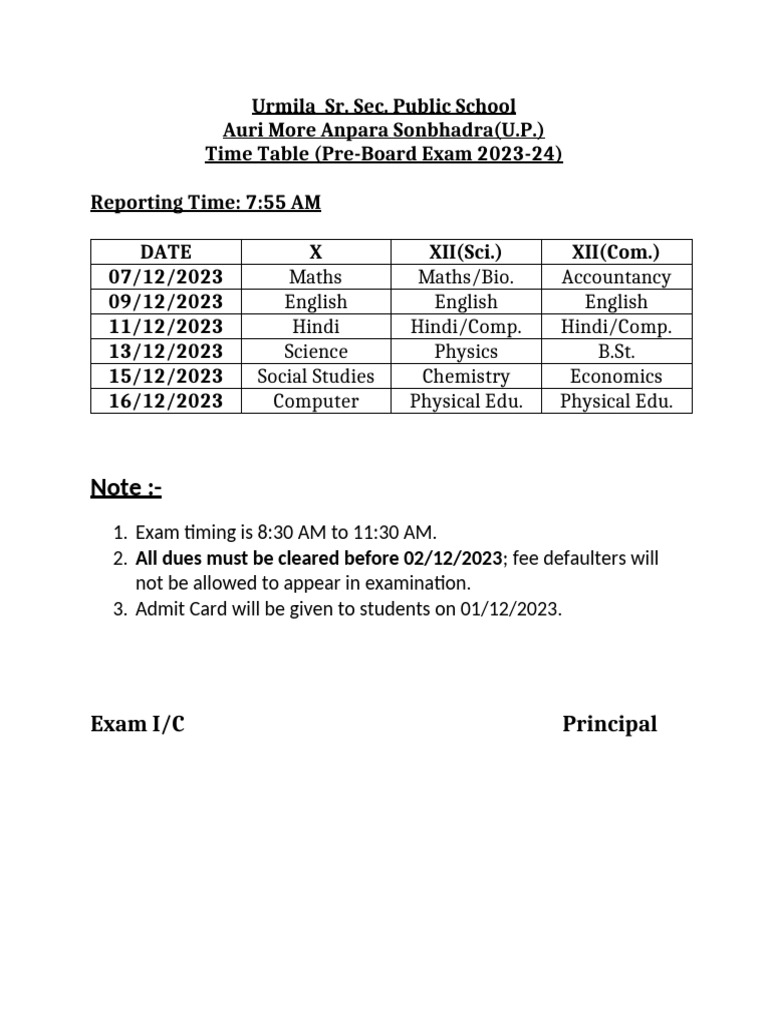 Pre-Board Time Table 2023-24 | PDF