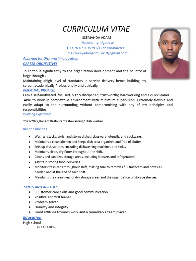 Ugandan CV for Dishwashing Position | PDF | Career & Growth