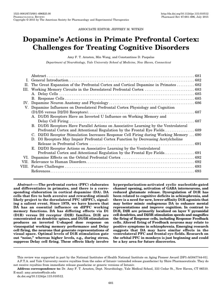 Dopamine's Actions in Primate Prefrontal Cortex - Challenges For Treating Cognitive Disorders ...