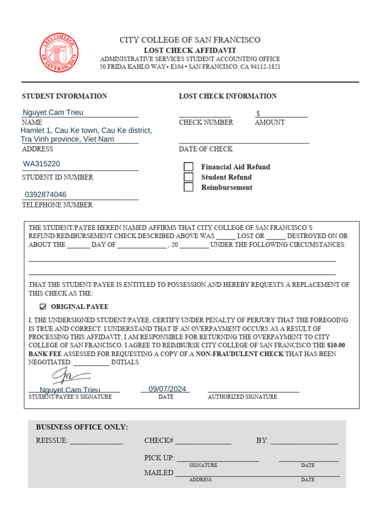 Lost Check Affidavit Template | PDF