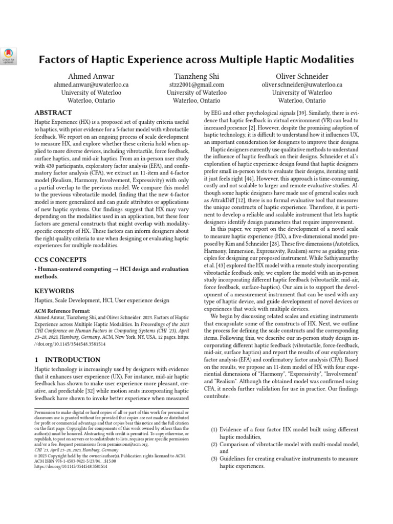 2023 - Factors of Haptic Experience Across Multiple Haptic Modalities | PDF | Factor Analysis ...