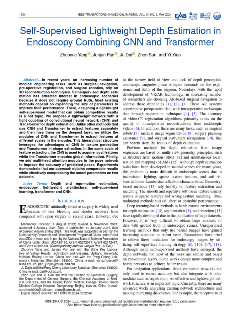Self-Supervised Lightweight Depth Estimation in Endoscopy Combining CNN and Transformer | PDF ...