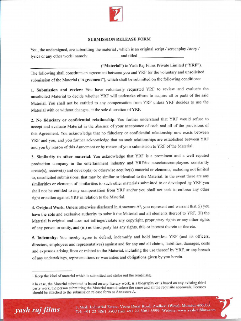 YRF Submission Release Form | PDF