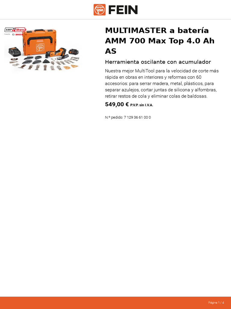 Multimaster A Bateria Amm 700 Max Top 4.0 Ah As 71293661000 | PDF ...