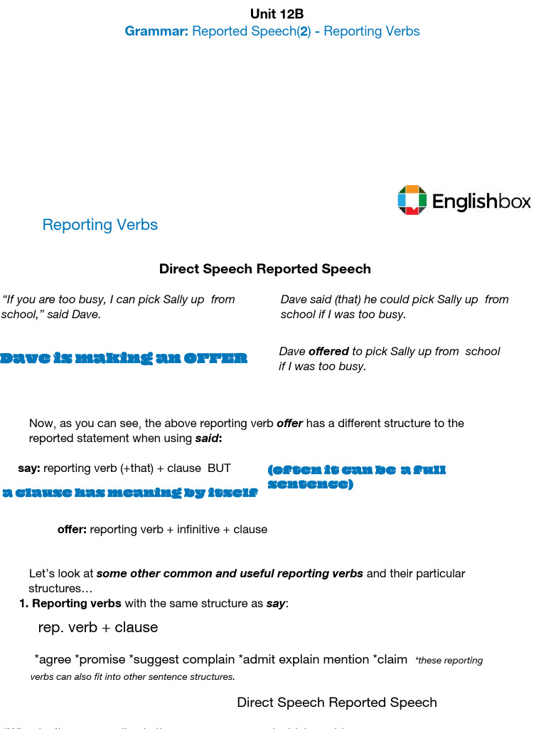 Reported Speech and Reporting Verbs Guide | PDF | Question | Verb
