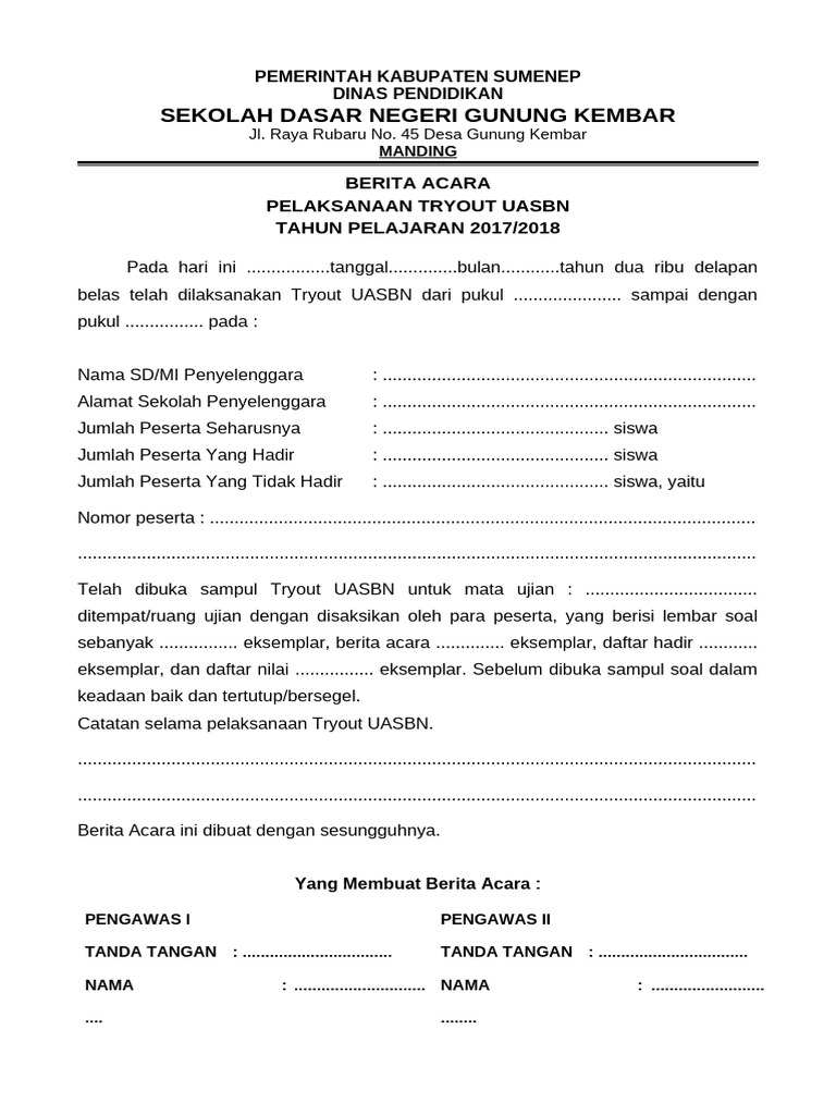 Berita Acara Tryout UASBN SD | PDF