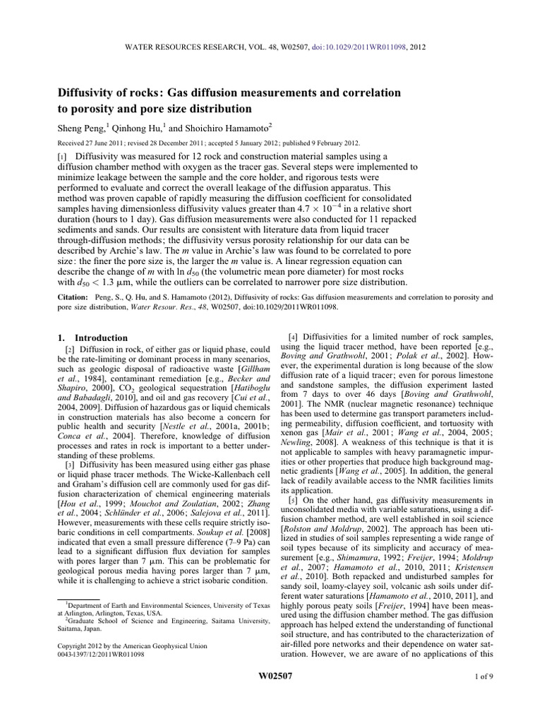 Water Resources Research - 2012 - Peng - Diffusivity of Rocks Gas Diffusion Measurements and ...