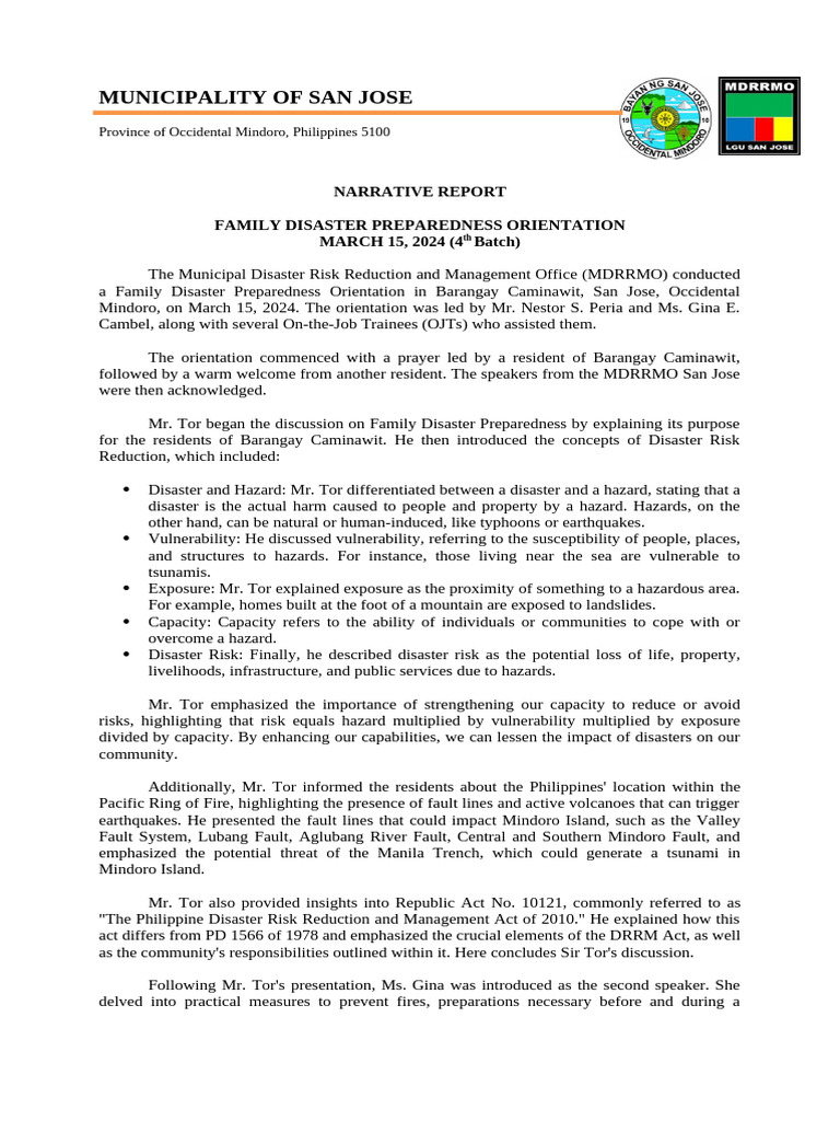MDRRMO Narrative Report March 15 | PDF | Hazards | Emergency Management