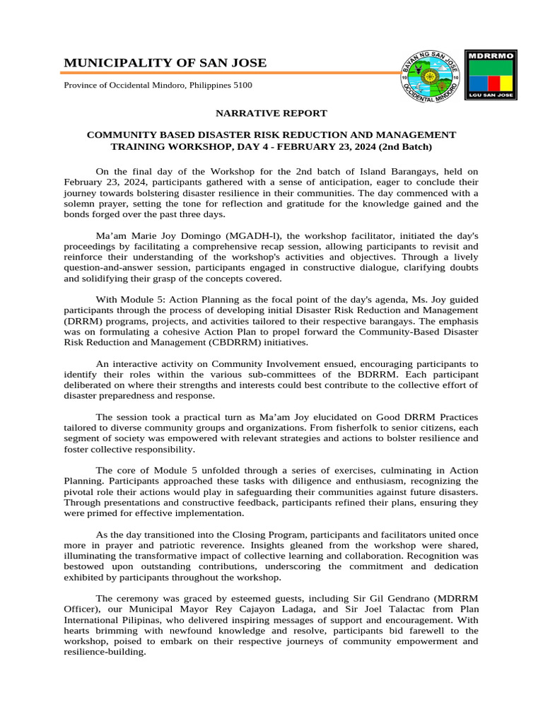 MDRRMO Narrative Report Feb.23 | PDF | Disaster Risk Reduction