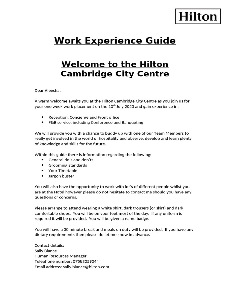 Hilton Cambridge Work Experience Guide | PDF | Drink | Restaurants