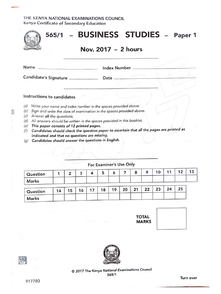 Kcse Bussiness Studies PP1 2017 | PDF
