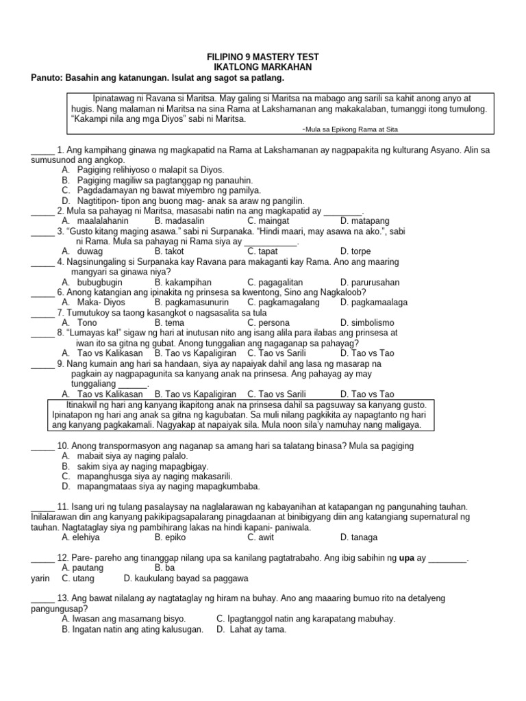 Filipino 9 Mastery Test | PDF