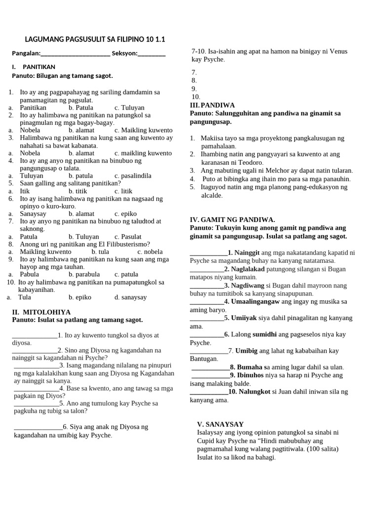 Lagumang Pagsusulit Sa Filipino 10 | PDF Lagumang Pagsusulit Sa Filipino 10 | PDF