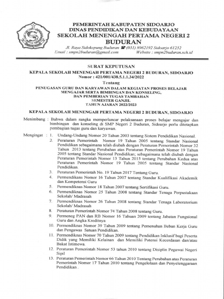 SK Penugasan Guru Dan Karyawan Tp. 2022 2023 SMT 1 | PDF