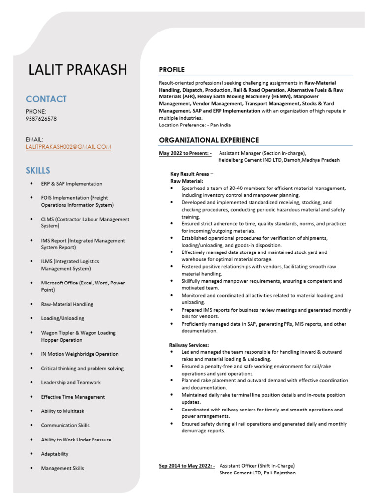 CV - Lalit Prakash - 10 Yrs | PDF | Rail Transport