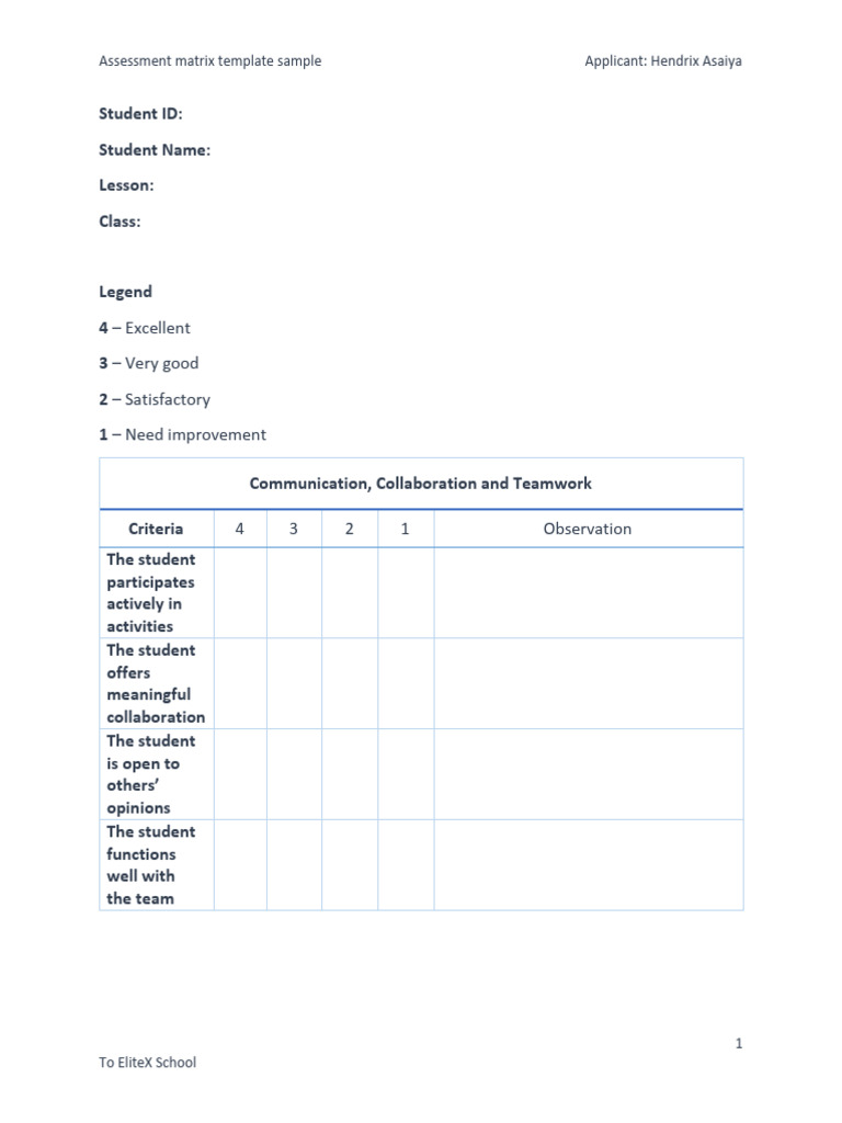 Assessment Matrix Sample For ESL Teaching - Hendrix Asaiya | PDF