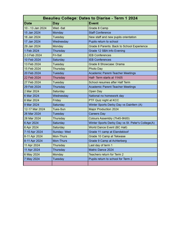 Beaulieu College Term 1 Events | PDF