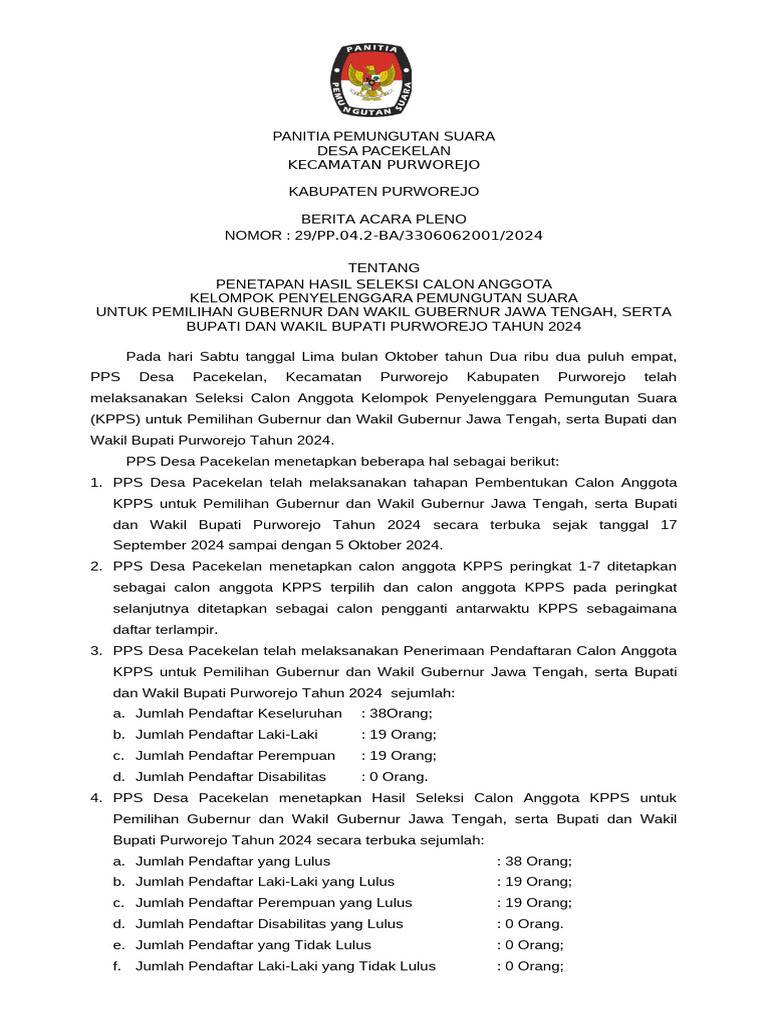 Template Berita Acara PPS Penetapan Hasil Seleksi KPPS | PDF