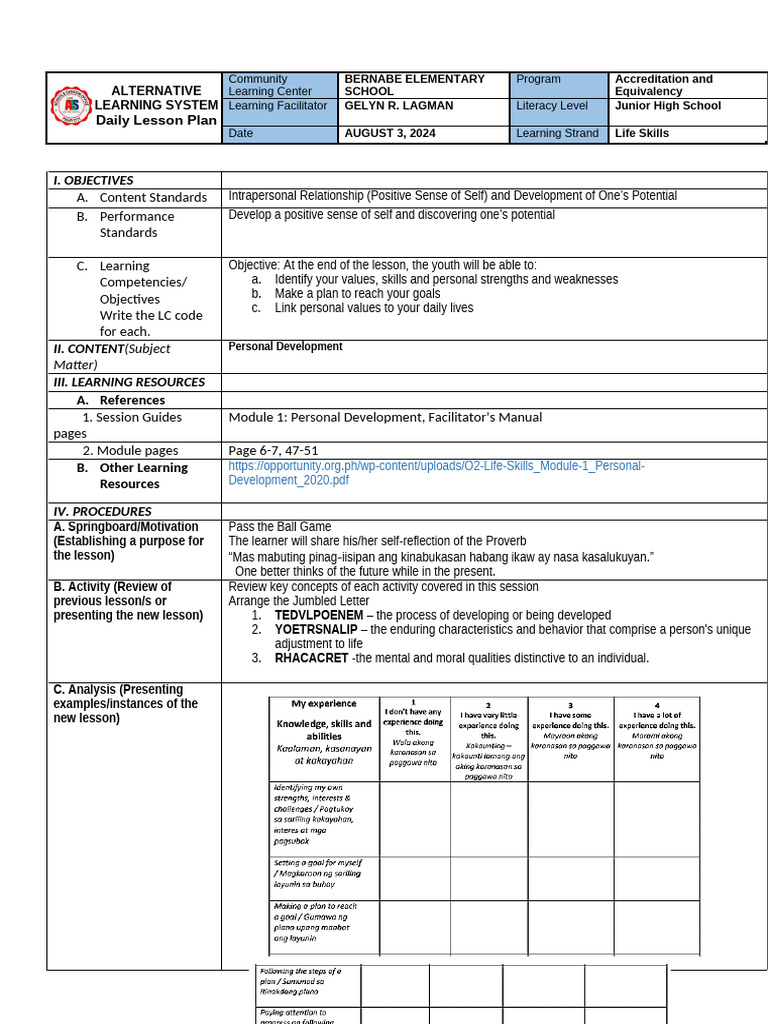 LP LifeSkills Personality Devt August 82024 | PDF | Learning | Cognition