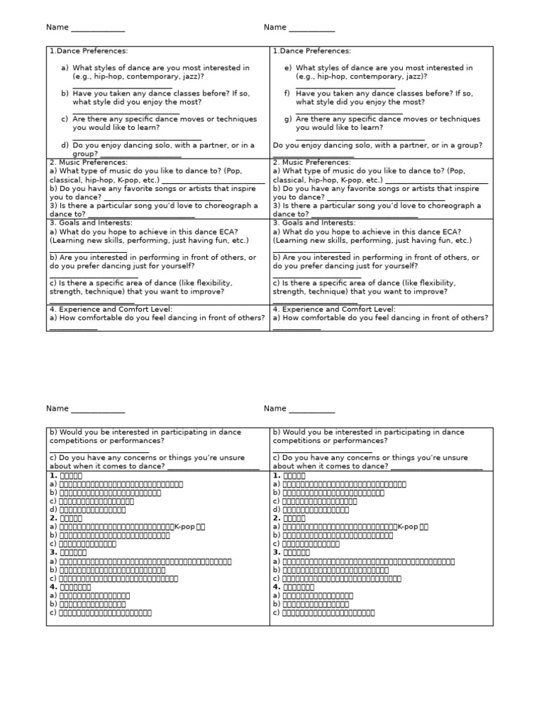 Dance Preferences and Goals Survey | PDF | Dances | Choreography