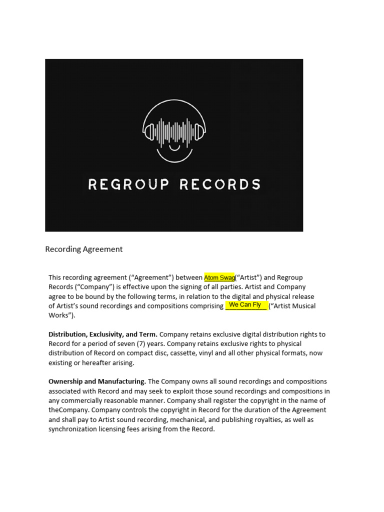 REGROUP-RECORDS-CONTRACT We Can Fly (Signed) | PDF | Royalty Payment ...