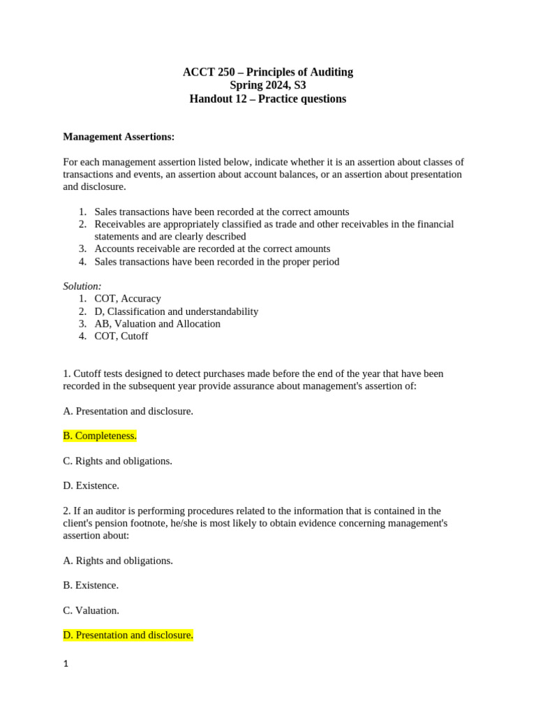 Handout 12 - Practice Questions - Quiz 2 | PDF | Internal Control | Audit