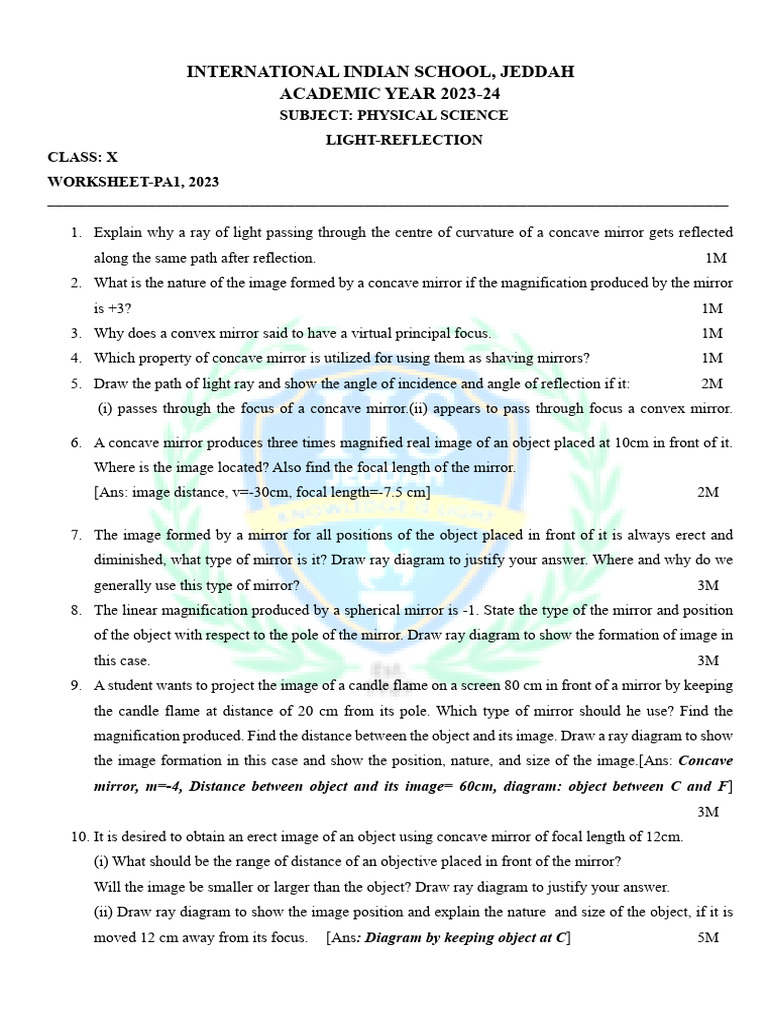 Worksheet | PDF | Optics | Electromagnetic Radiation