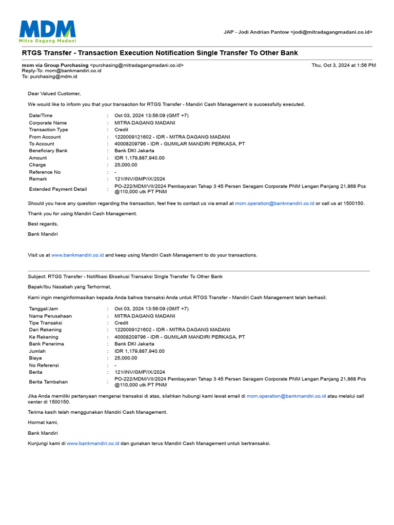 RTGS Transfer Notification - Bank Mandiri | PDF | Payments