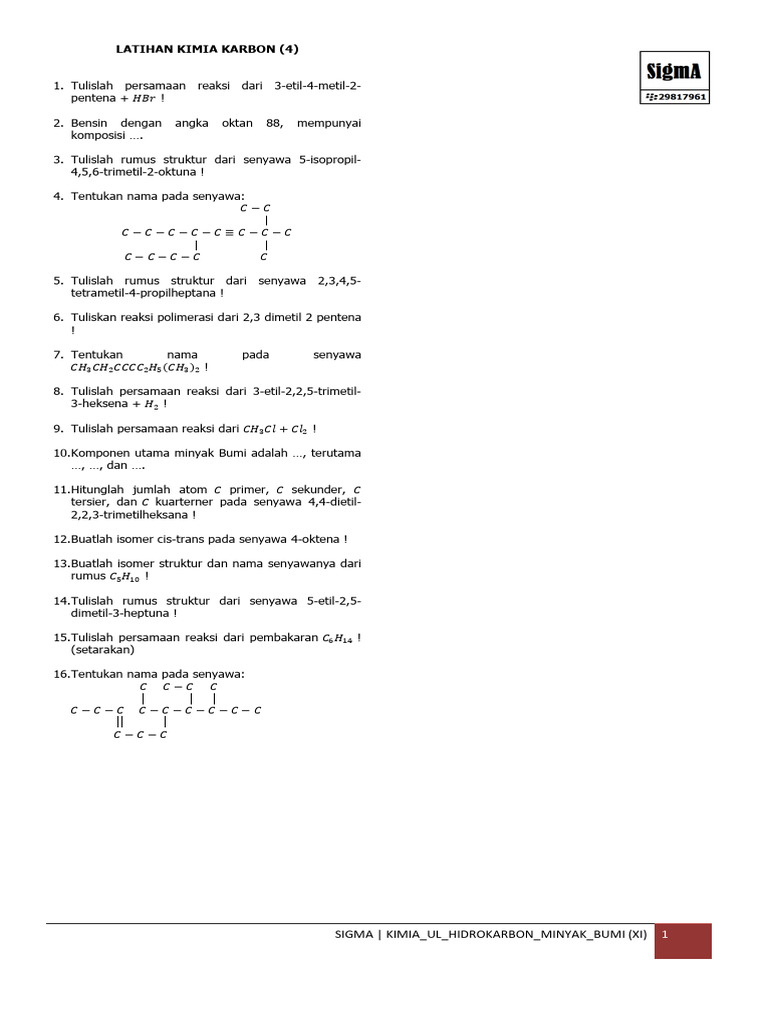 Latihan Kimia Hidrokarbon Minyak Bumi | PDF | Sains & Matematika