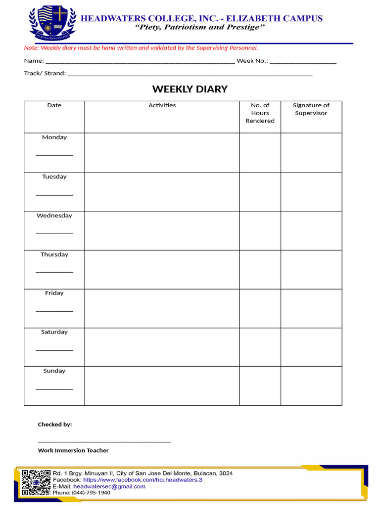Weekly Diary Student Work Immersion | PDF | Career & Growth | Finance ...
