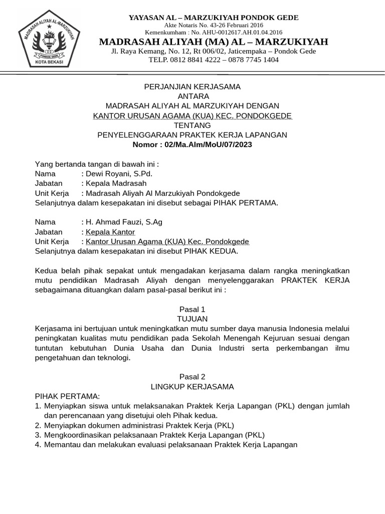 Mou Sekolah Dengan Kua | PDF | Karier & Perkembangan | Pengelolaan Keuangan & Uang