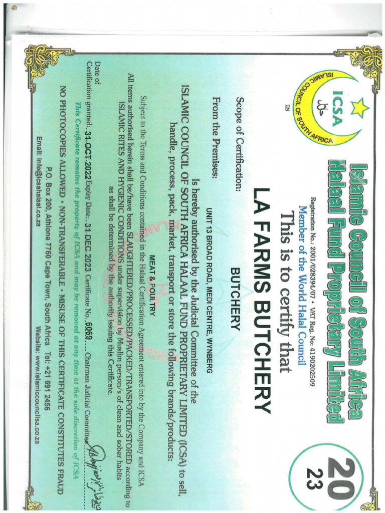 L.A. Farms Butcher Halaal Certificate 2023 | PDF