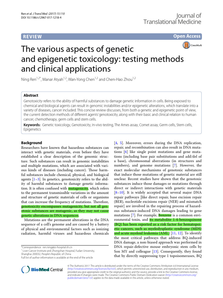 The Various Aspect of Genetic and Epigenetic Toxicology - Testing ...