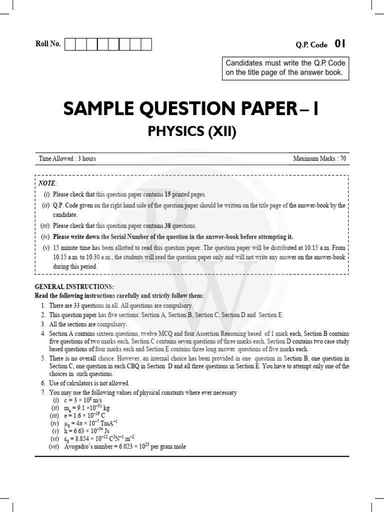 Sample Paper 01 - Question Paper (Physics) | PDF | Capacitor | Waves