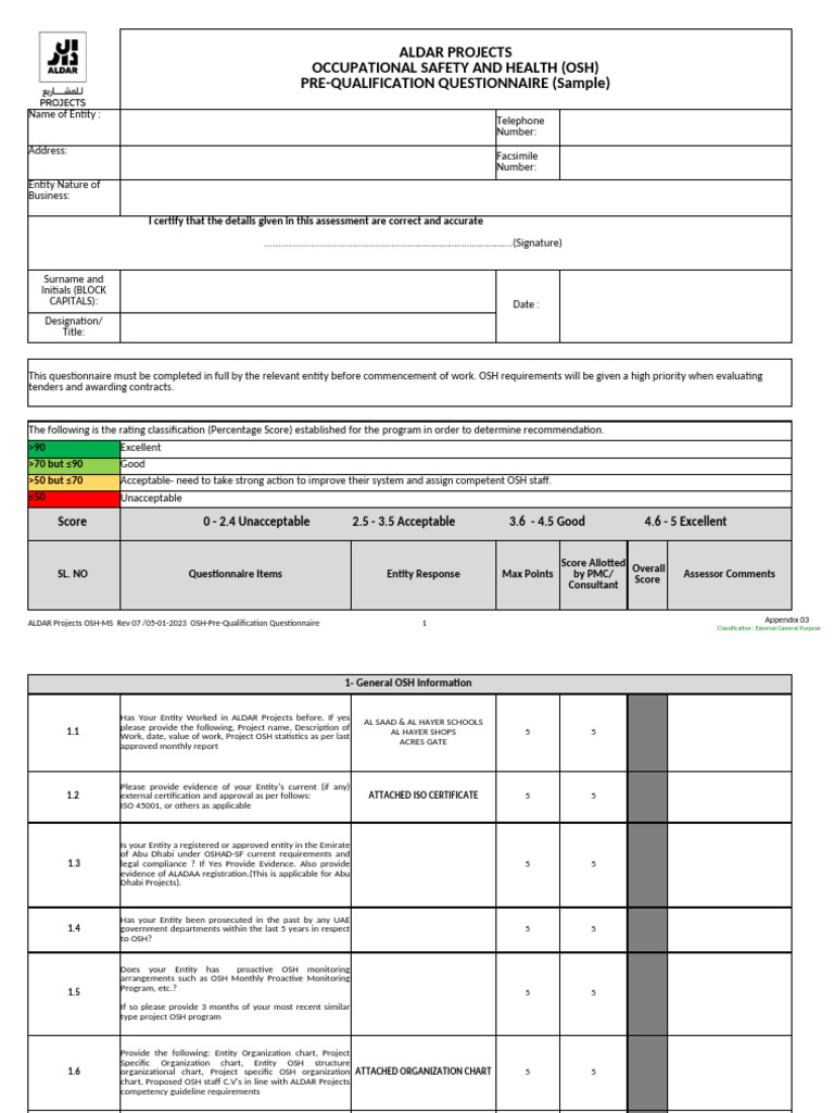 Appendix 3. ALDAR Projects OSH Pre-Qualification Questionnaire | PDF | Audit | Personal ...