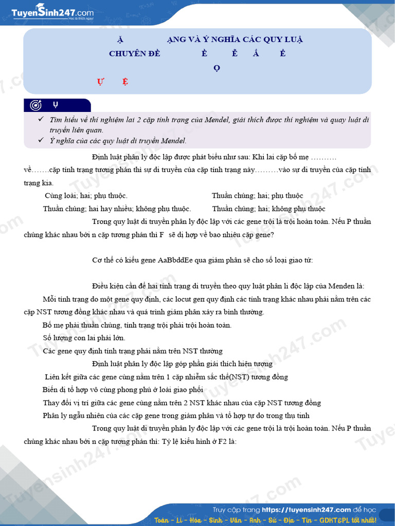 De Thi BTVN Lai 2 Cap Tinh Trang Va y Nghia Cac Quy Luat Mendel 1721729541 | PDF