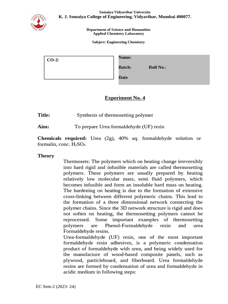 EC-Write up-Urea-Formaldehyde | PDF | Formaldehyde | Polymers