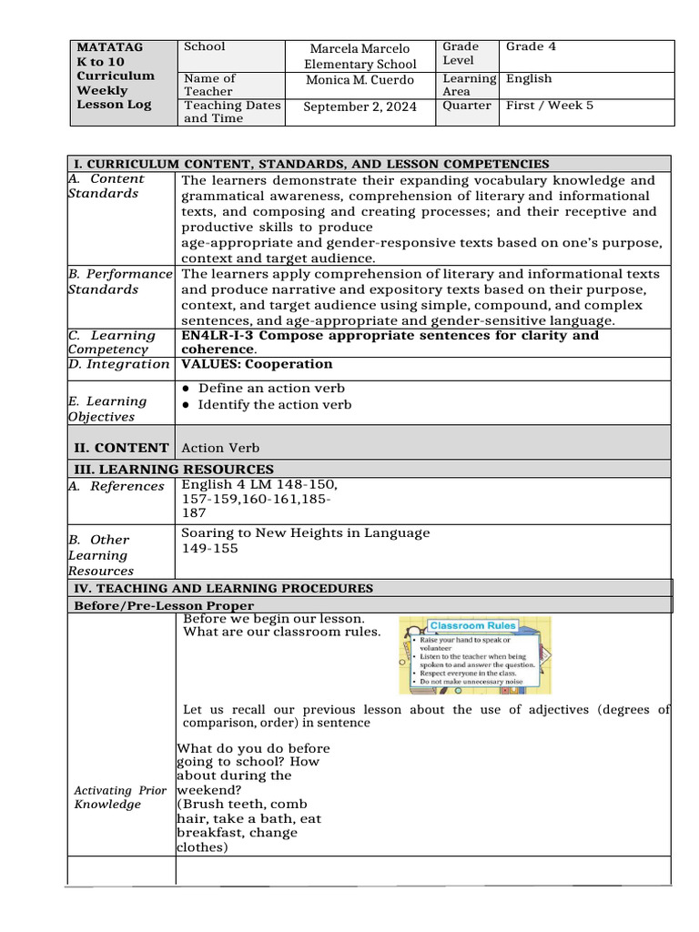 DLP DAY 1 WEEK 5 - ENGLISH 4 QUARTER 1 | PDF | Verb | English Language