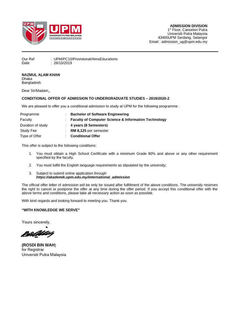 UPM Conditional Admission Offer 2019 | PDF