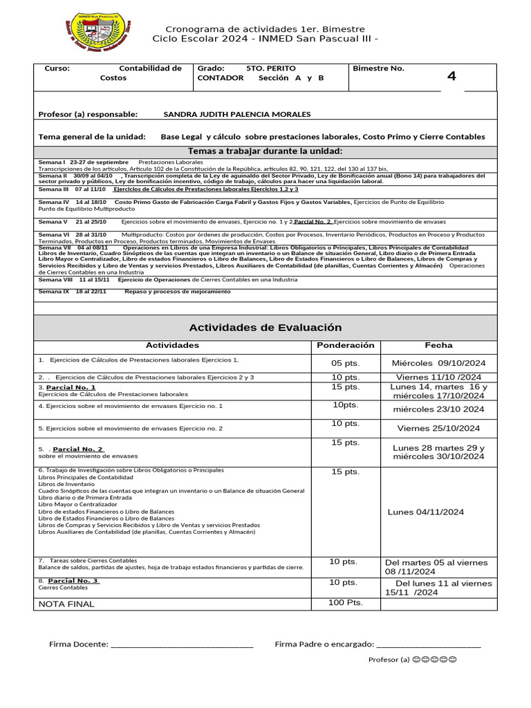 Crono Conta Costos 4to. Bim | PDF | Contabilidad | Estado financiero
