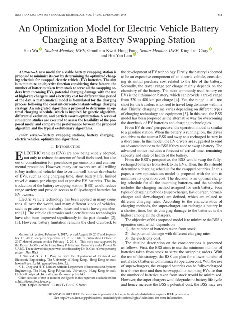 An Optimization Model For Electric Vehicle Battery Charging at A Battery Swapping Station | PDF ...
