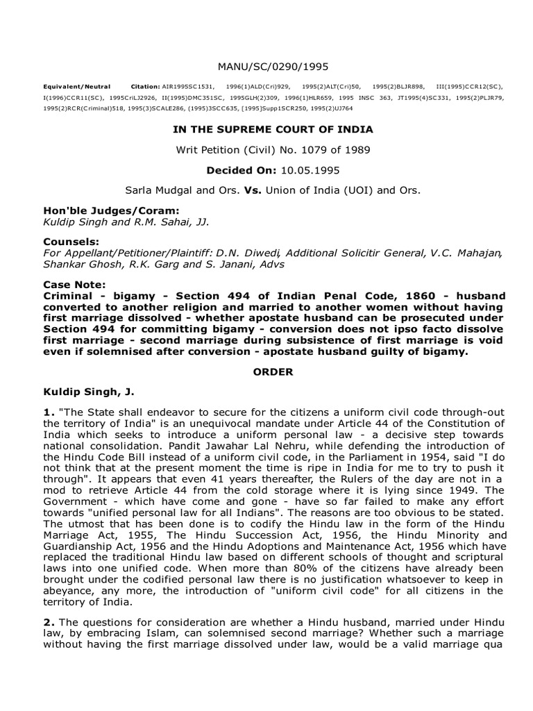 Sarla Mudgal vs. Union of India Case | PDF | Marriage | Sharia