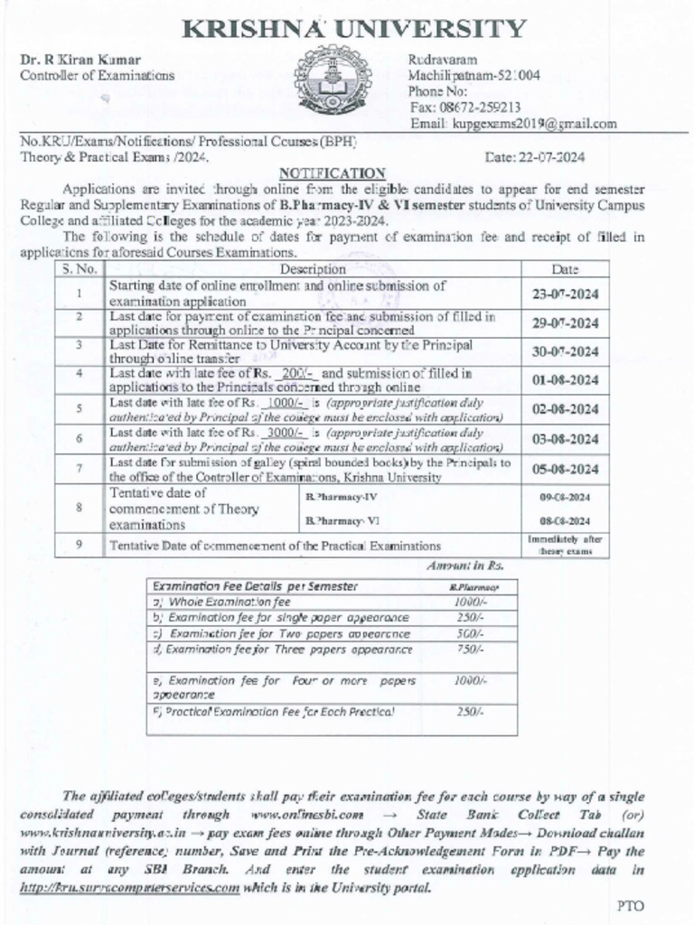 B Pharmacy-Iv and Vi Sem Exams Aug-2024 Notification | PDF